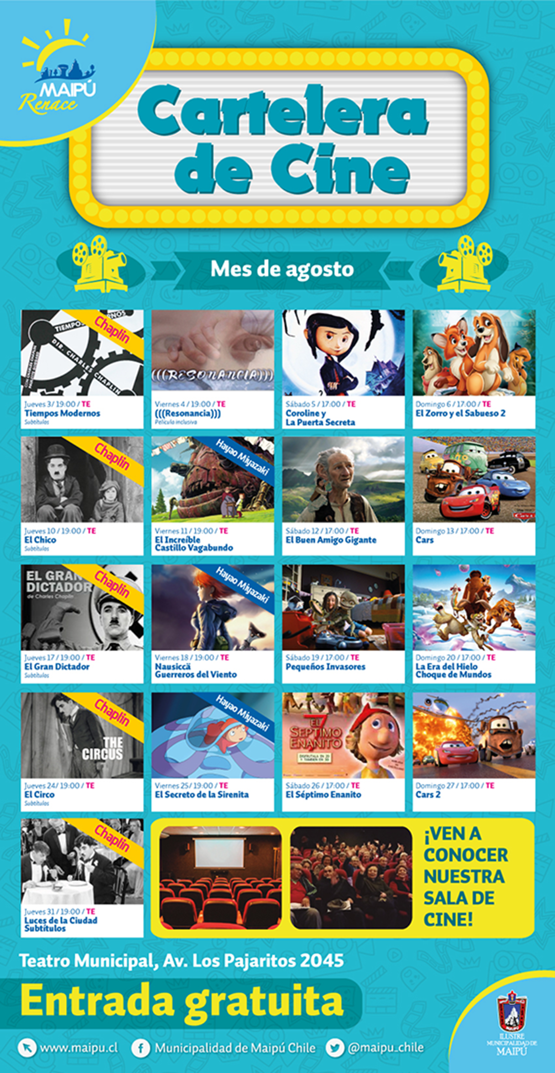 Esta es la cartelera de agosto de la sala de cine municipal de Maipú